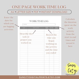 Printable Work Time Log Template, A4, Letter Size PDF, Instant Download ...