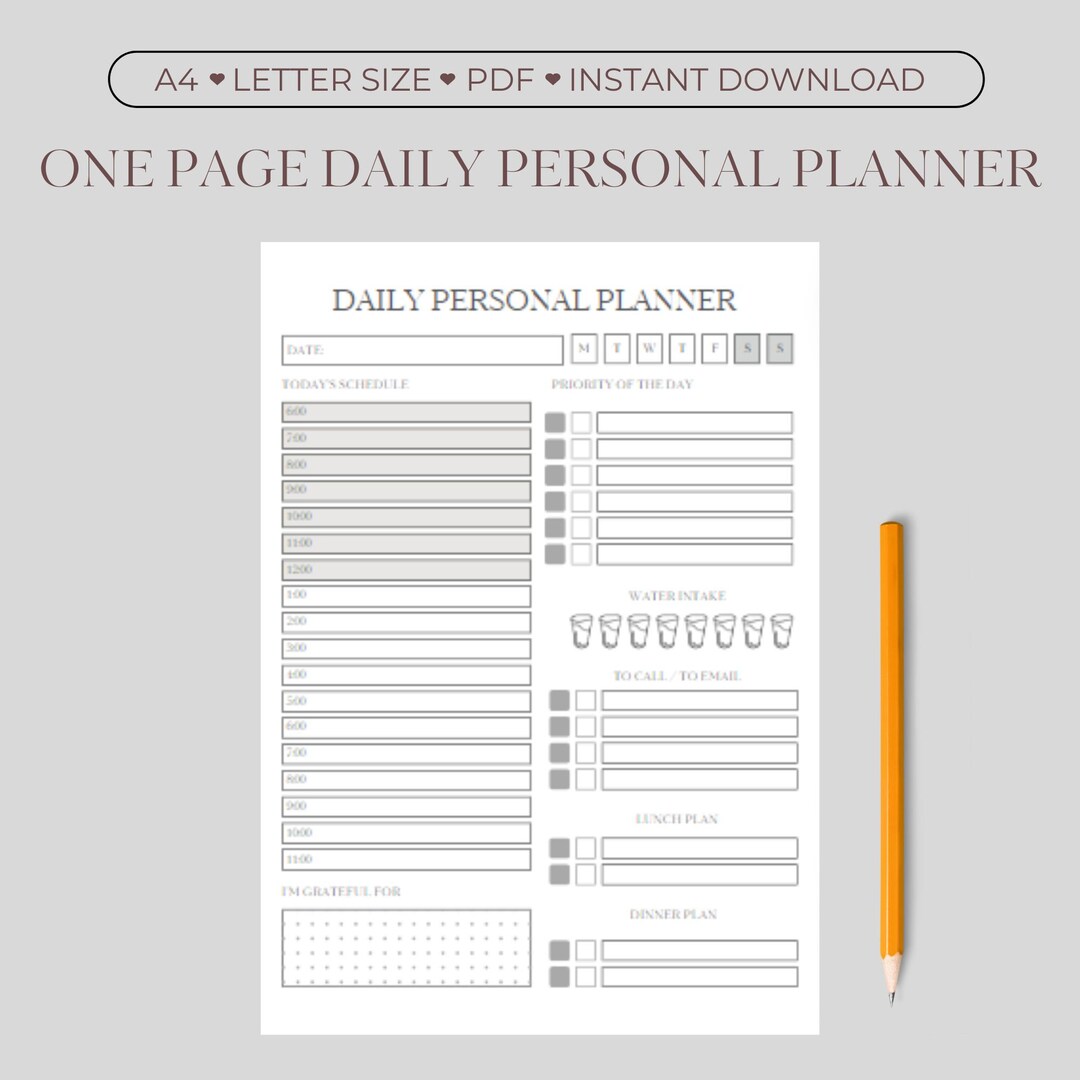 Daily Personal Planner A4, Letter PDF Download | Hourly Schedule, Meal ...