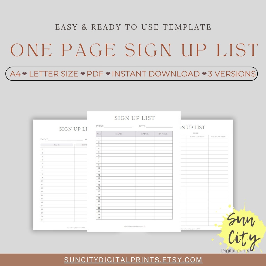 Sign up Sheet PDF, A4 and Letter Size, Printable One Page, 3 Versions ...
