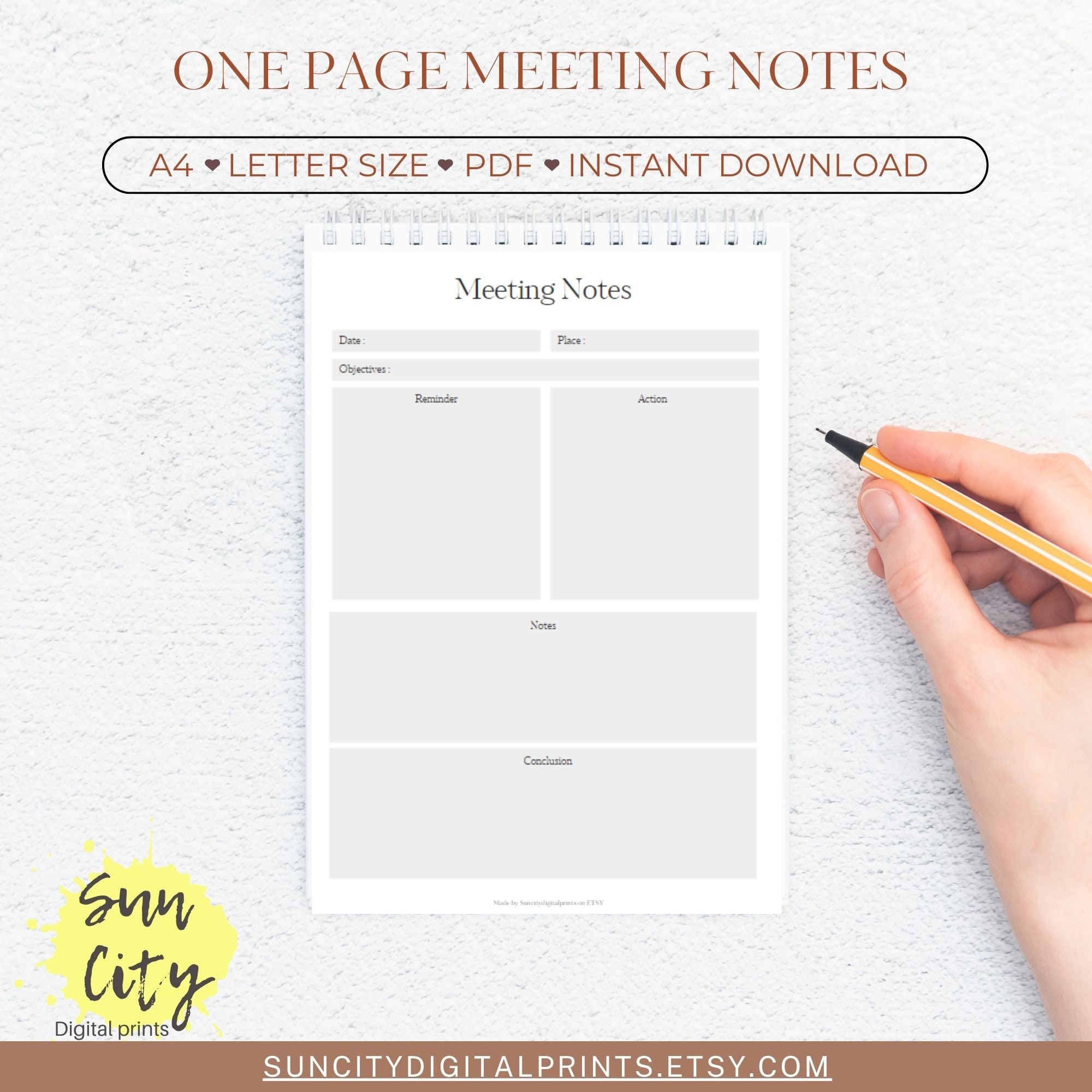 One-page Meeting Notes Template, A4 & Letter Size, PDF Instant Download ...