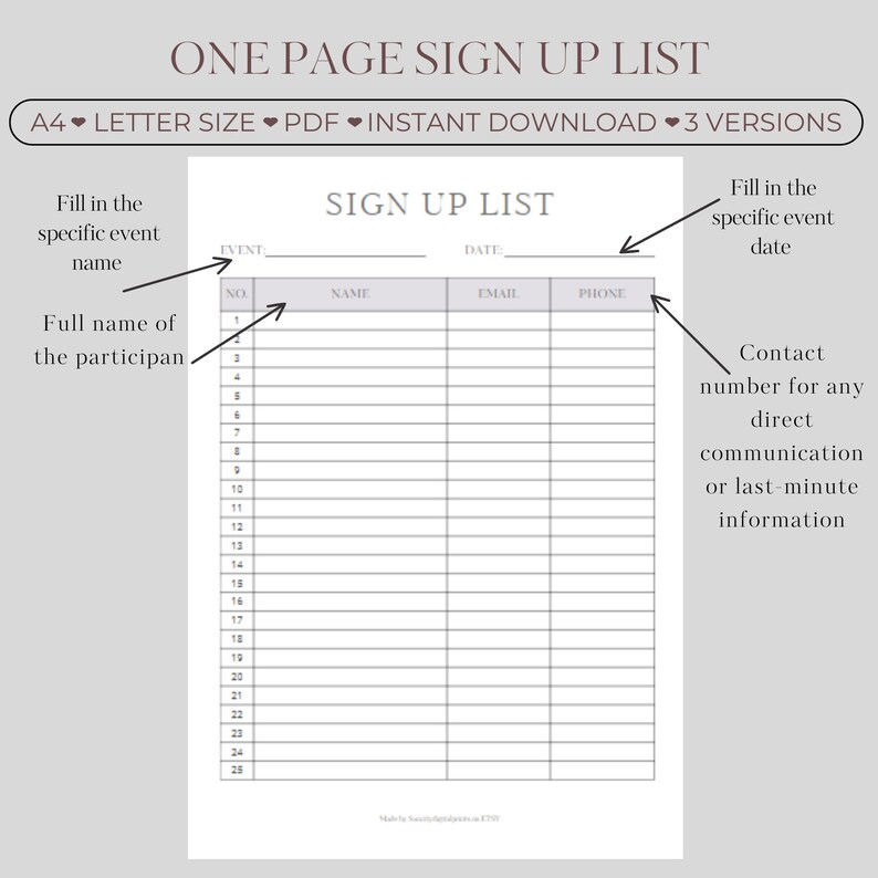 Sign up Sheet PDF, A4 and Letter Size, Printable One Page, 3 Versions ...