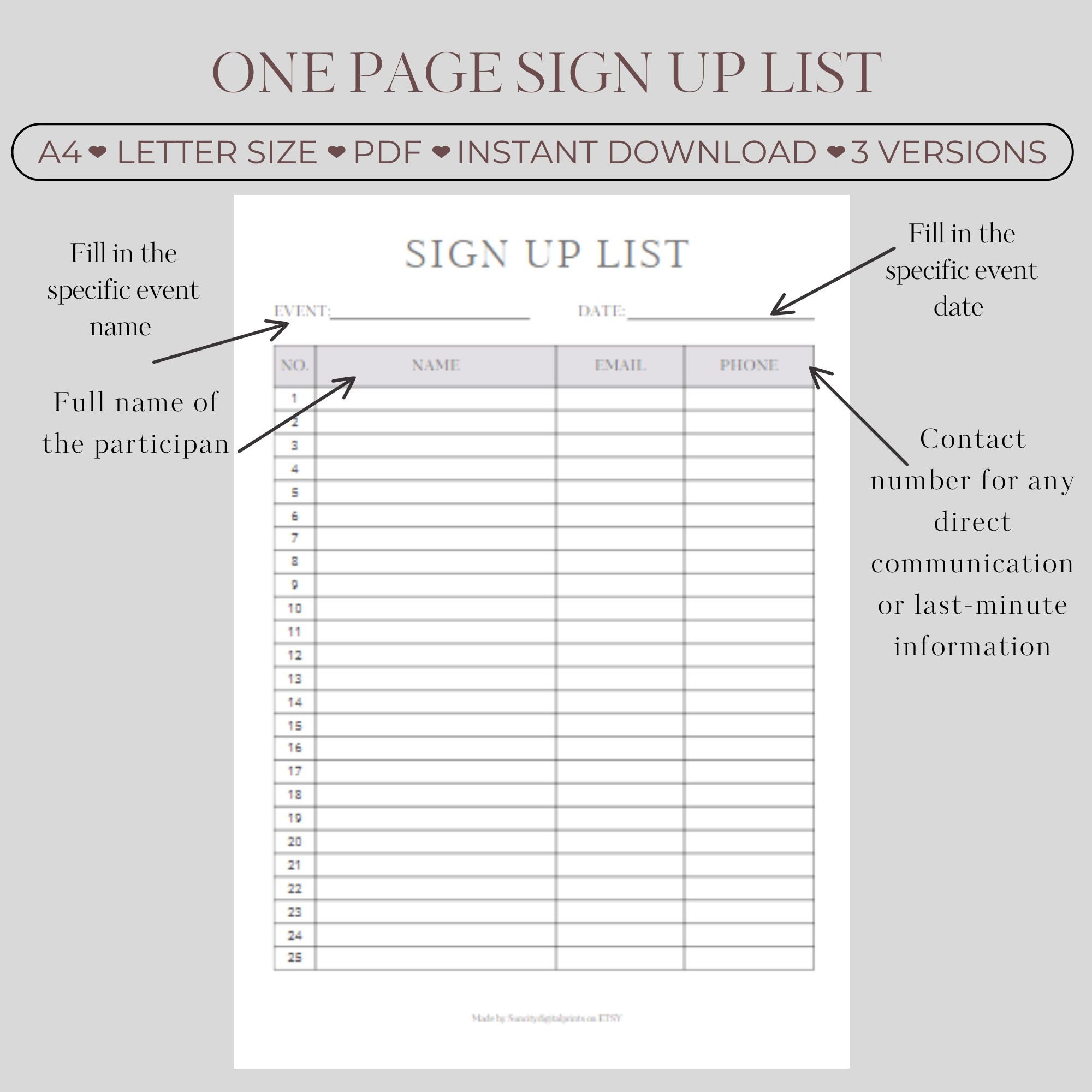 Sign up Sheet PDF, A4 and Letter Size, Printable One Page, 3 Versions ...