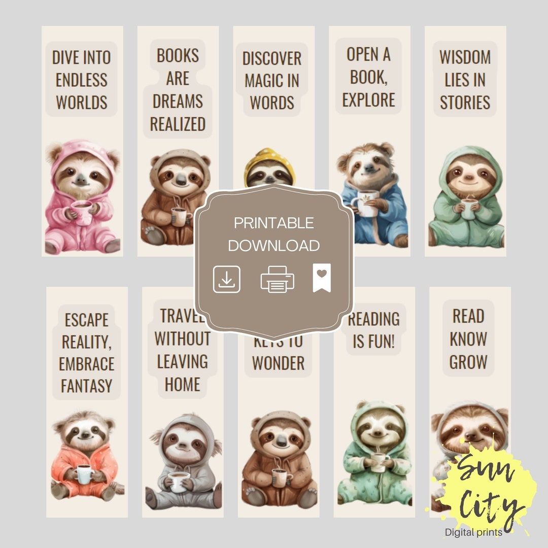 Sloth Bookmarks Digital Download Set, Inspirational Reading Quotes ...
