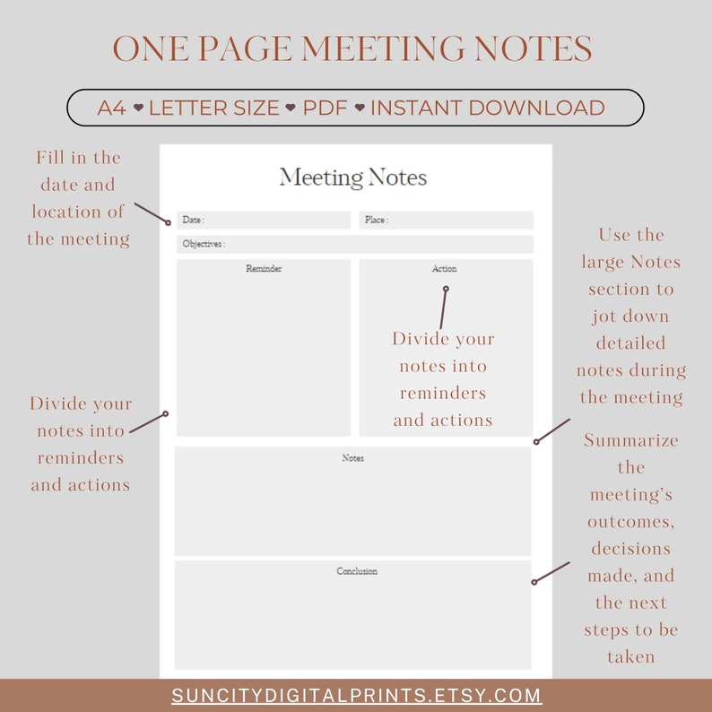 One-page Meeting Notes Template, A4 & Letter Size, PDF Instant Download ...