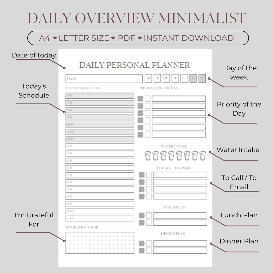 Daily Personal Planner A4, Letter PDF Download Hourly Schedule, Meal ...