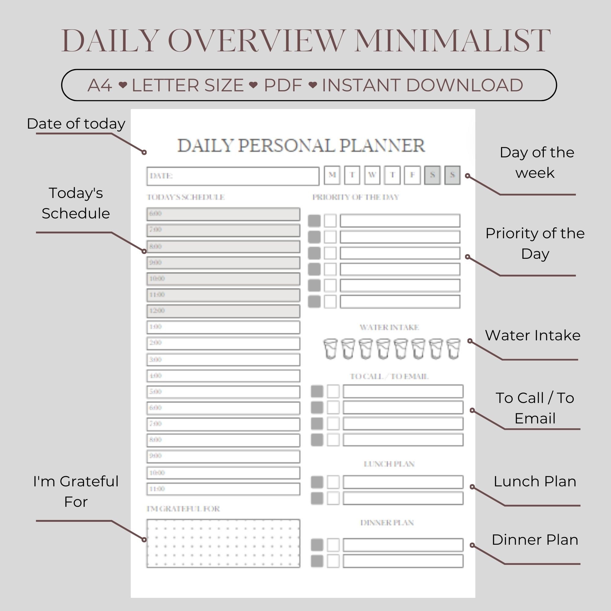 Daily Personal Planner A4, Letter PDF Download Hourly Schedule, Meal ...