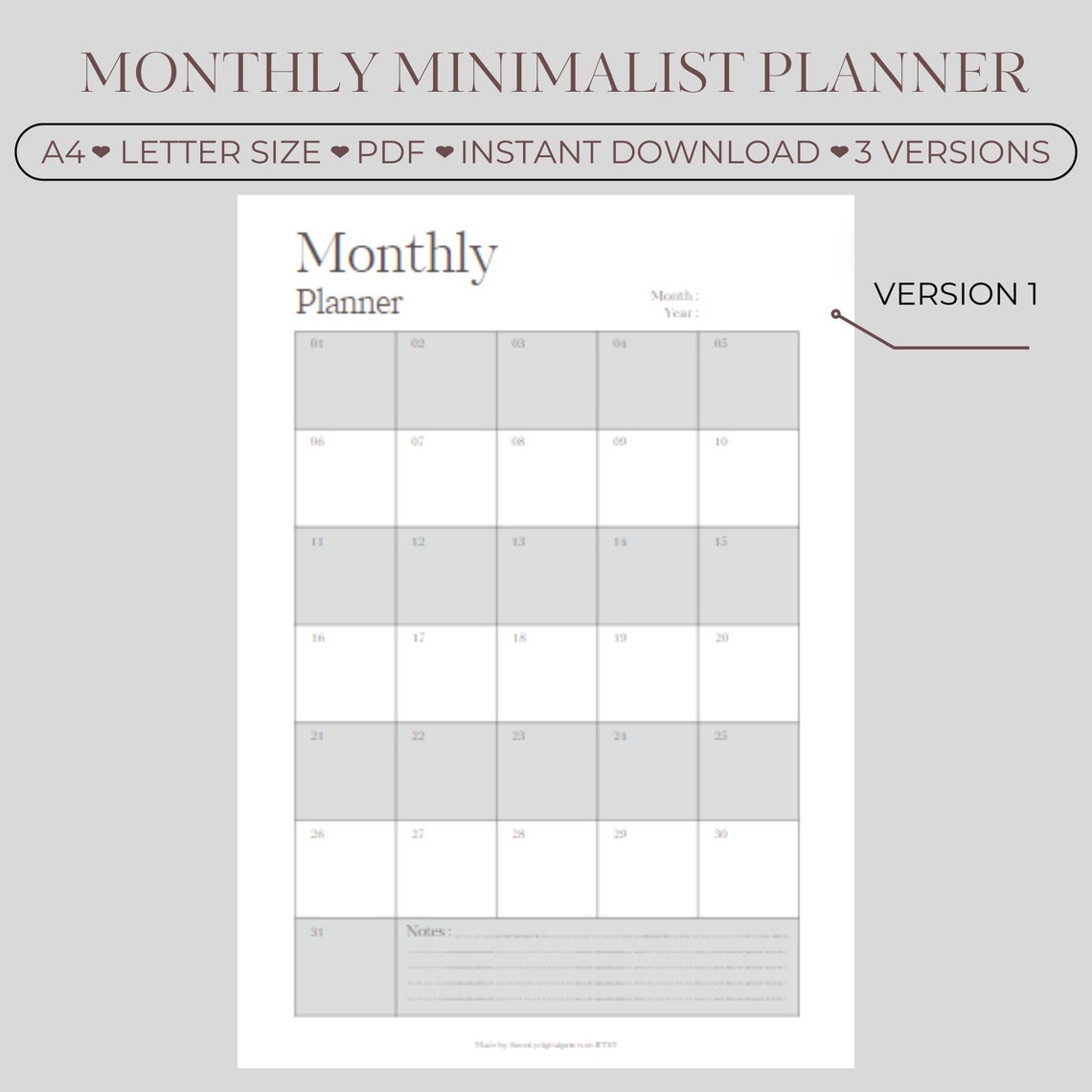 Printable Monthly Planner PDF, A4 Letter Size, Minimalist Organizer ...