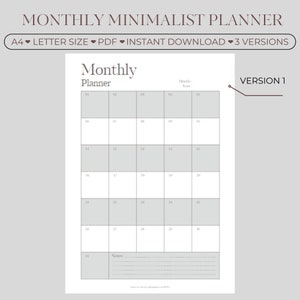 Printable Monthly Planner PDF, A4 Letter Size, Minimalist Organizer ...