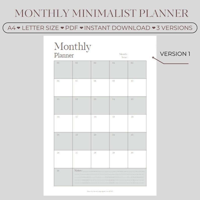 Printable Monthly Planner PDF, A4 Letter Size, Minimalist Organizer ...