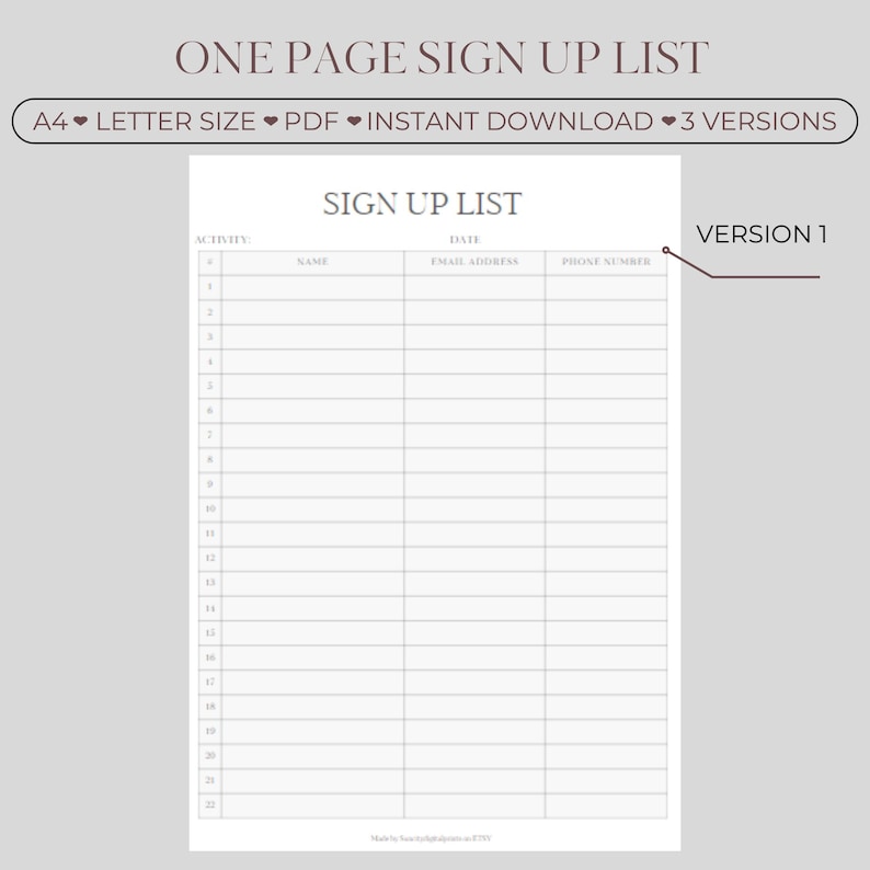 Sign up Sheet PDF, A4 and Letter Size, Printable One Page, 3 Versions ...
