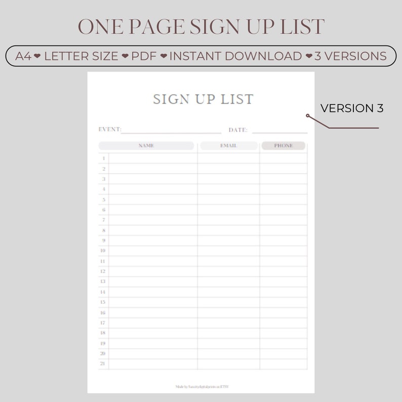 Sign up Sheet PDF, A4 and Letter Size, Printable One Page, 3 Versions ...