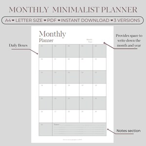 Printable Monthly Planner PDF, A4 Letter Size, Minimalist Organizer ...