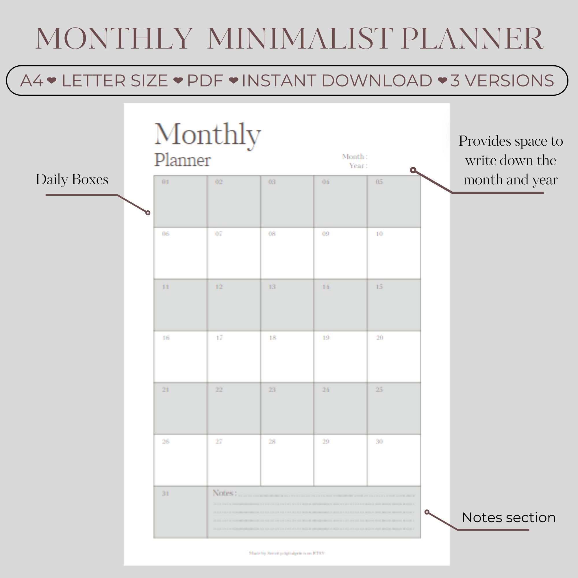 Printable Monthly Planner PDF, A4 Letter Size, Minimalist Organizer ...