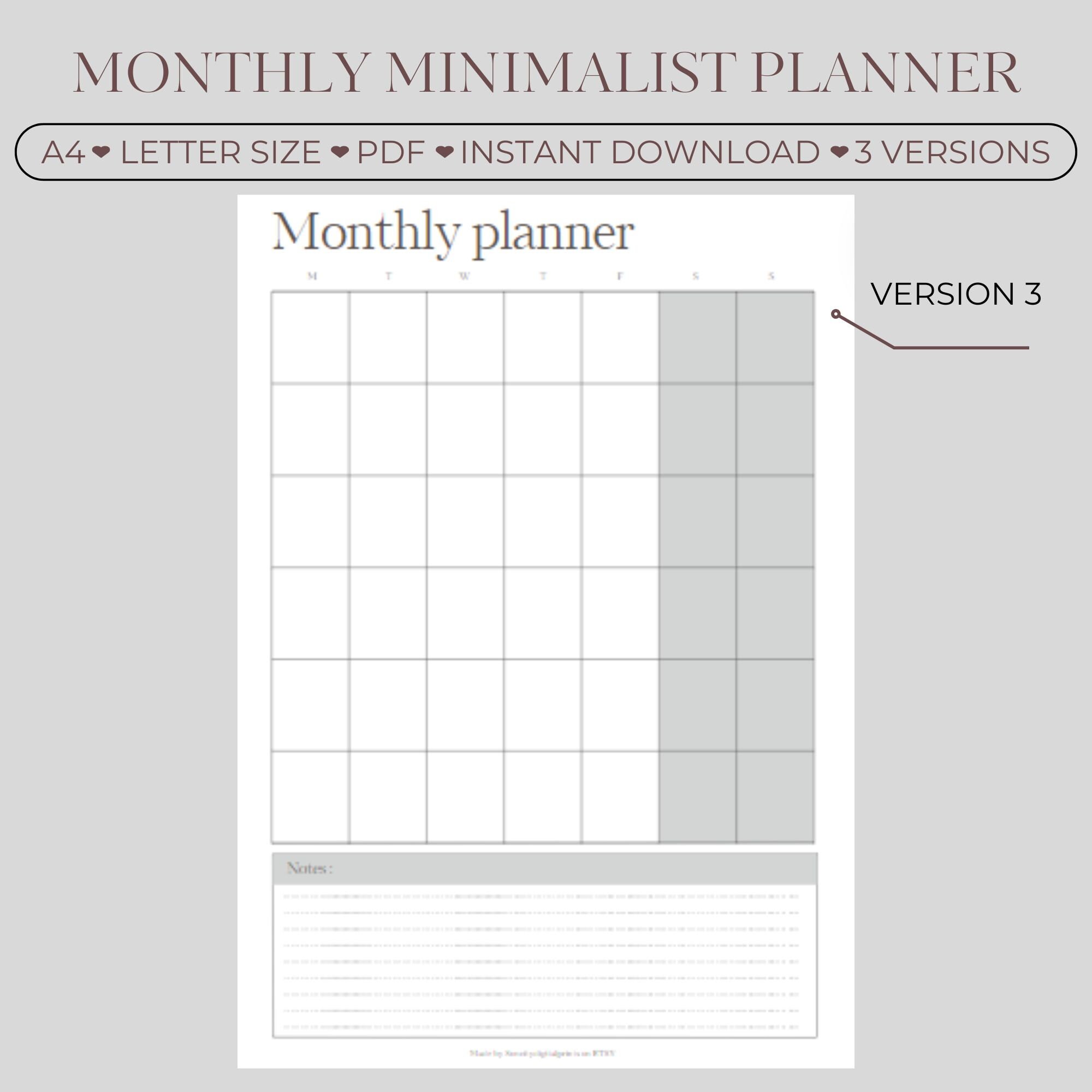 Printable Monthly Planner PDF, A4 Letter Size, Minimalist Organizer ...