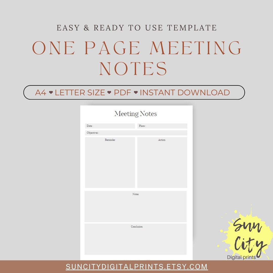 One-page Meeting Notes Template, A4 & Letter Size, PDF Instant Download ...