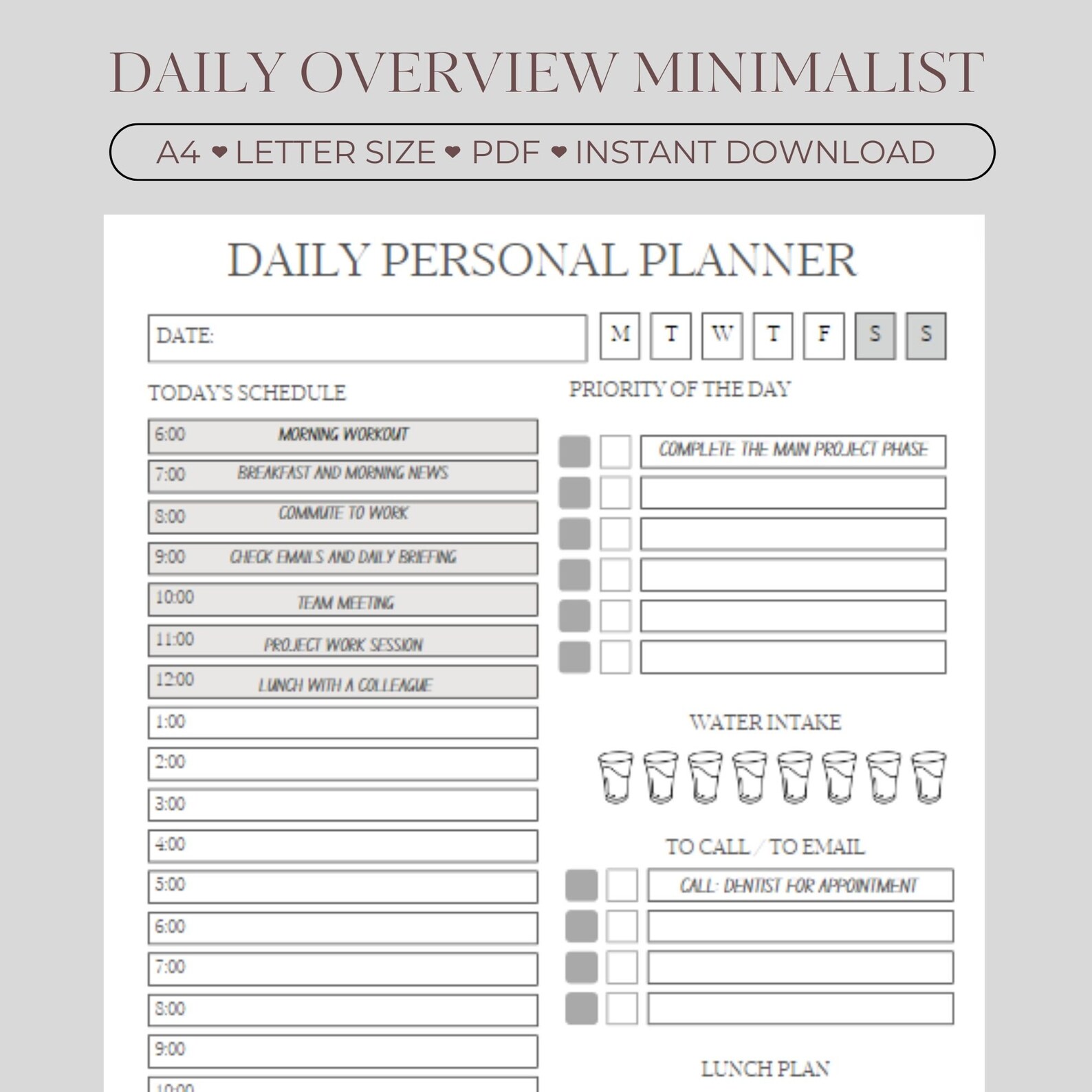 Daily Personal Planner A4, Letter PDF Download Hourly Schedule, Meal ...
