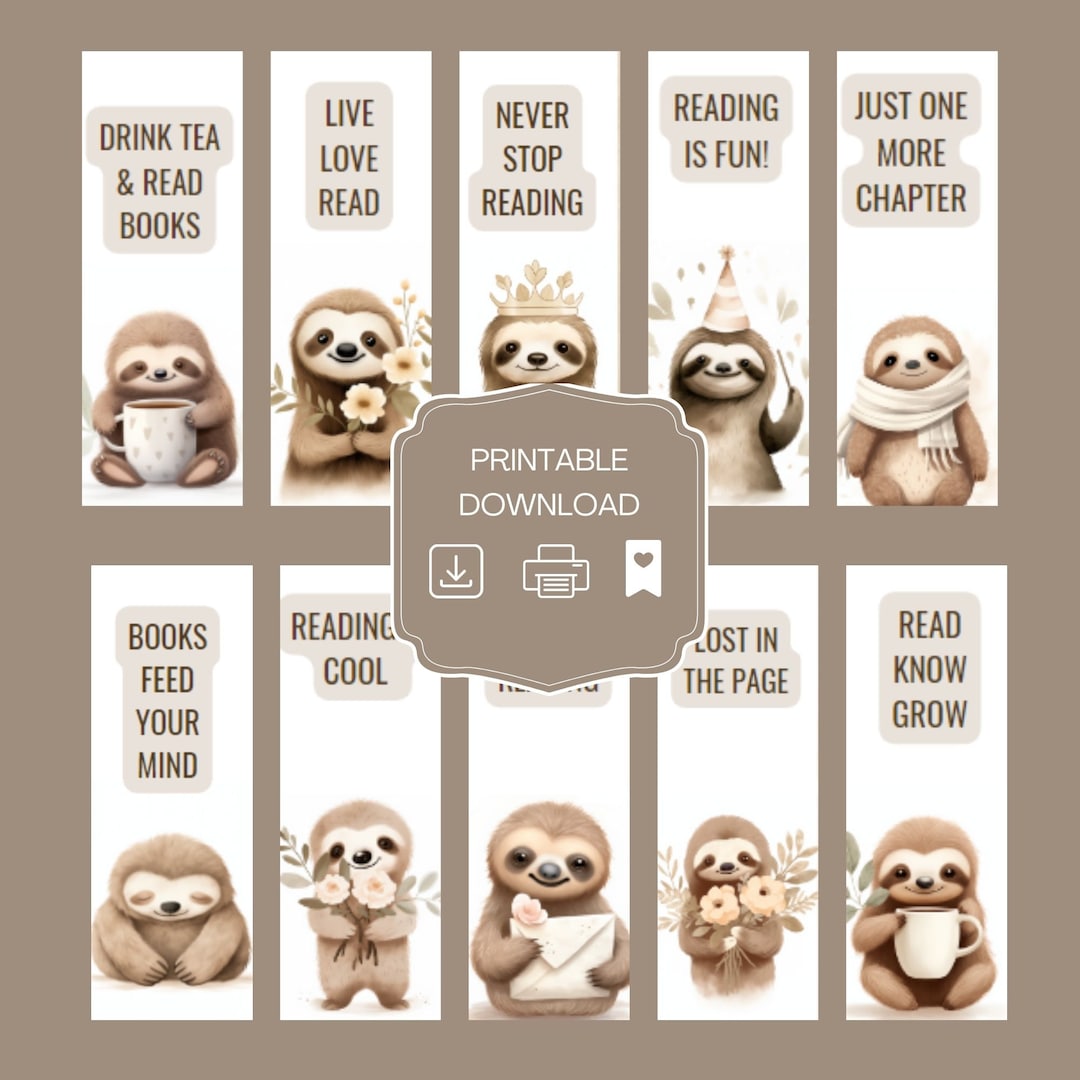 Sloth Bookmarks Digital Download Set, Inspirational Reading Quotes ...