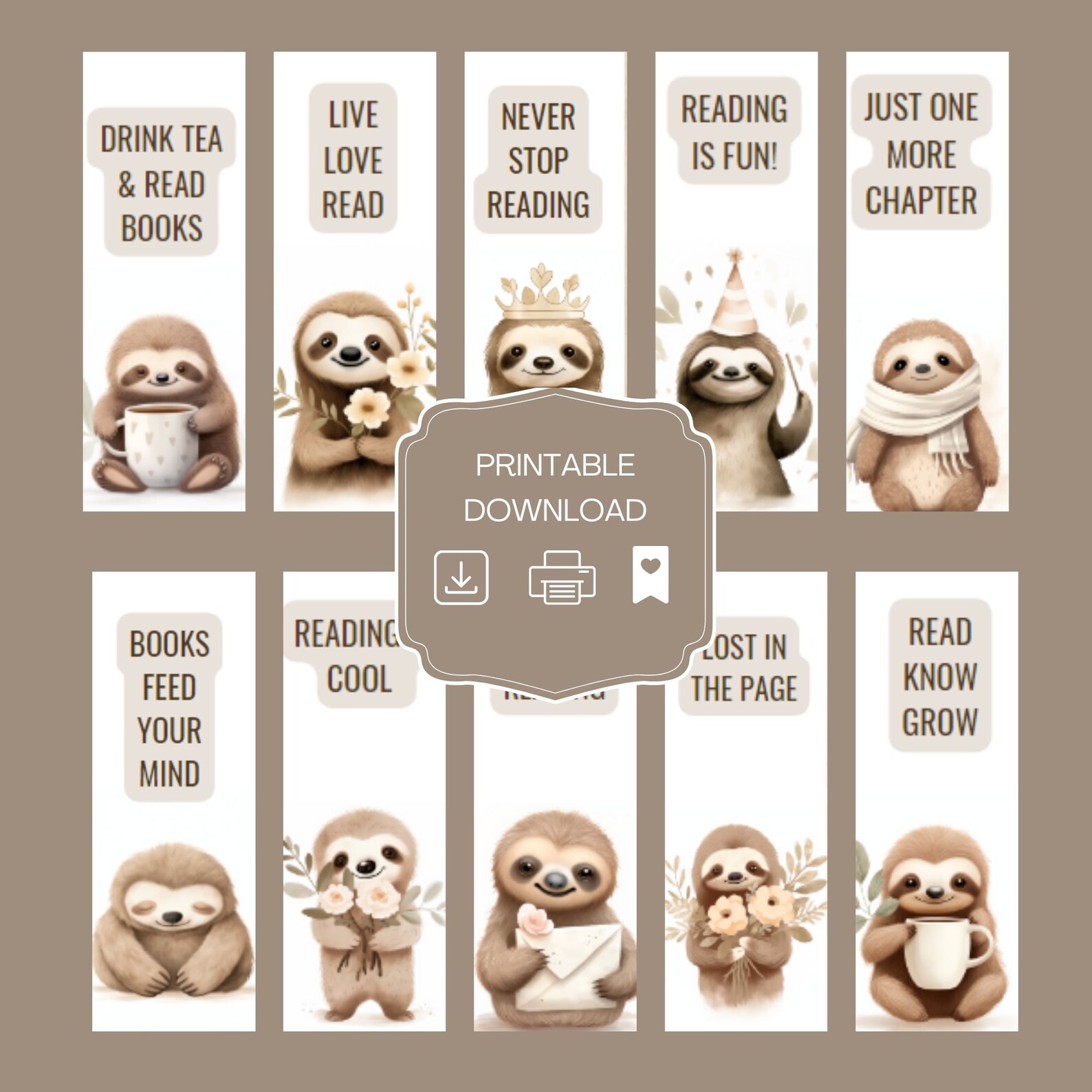 Sloth Bookmarks Digital Download Set, Inspirational Reading Quotes ...