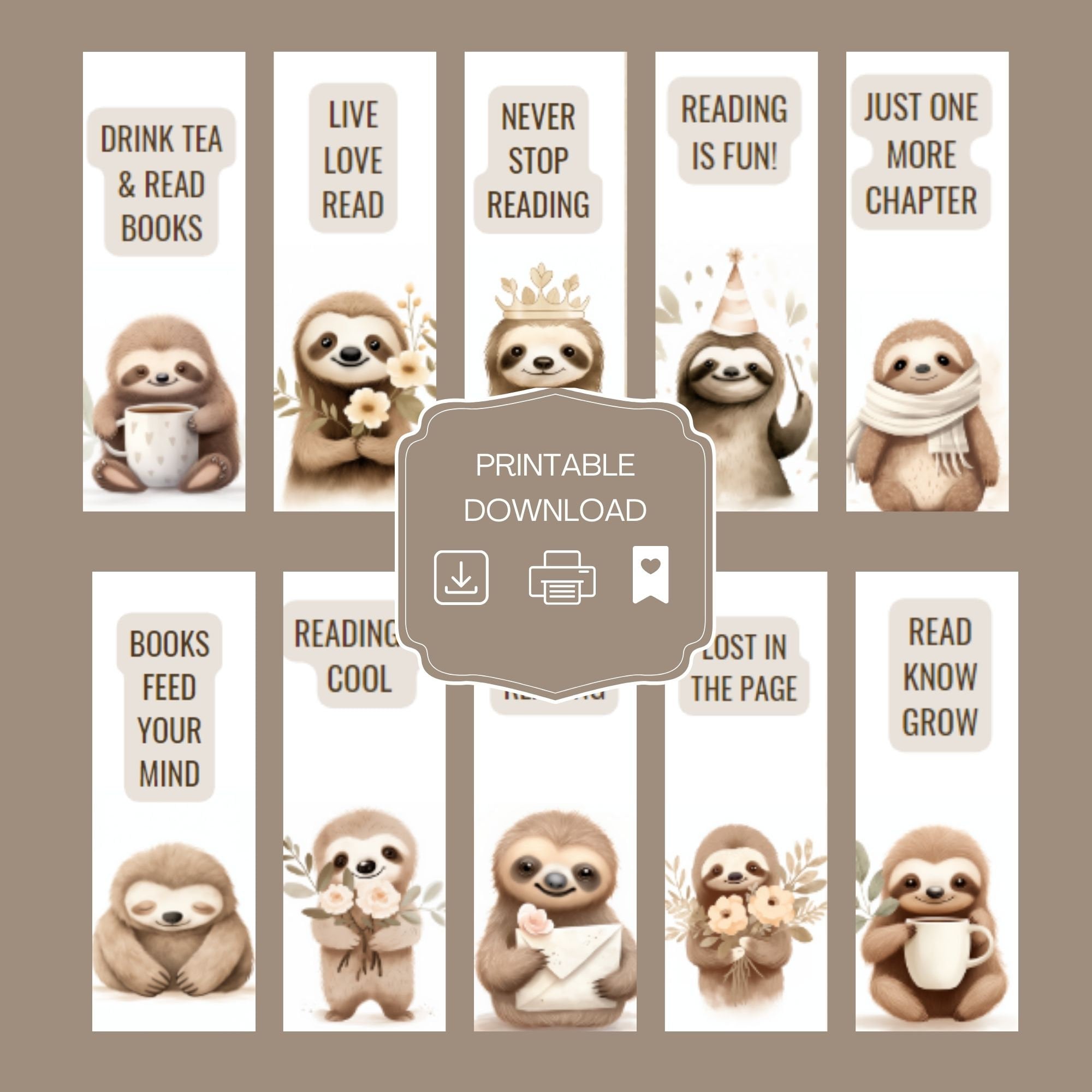 Sloth Bookmarks Digital Download Set, Inspirational Reading Quotes ...