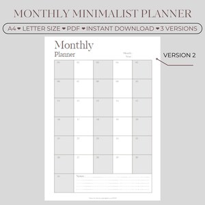 Printable Monthly Planner PDF, A4 Letter Size, Minimalist Organizer ...