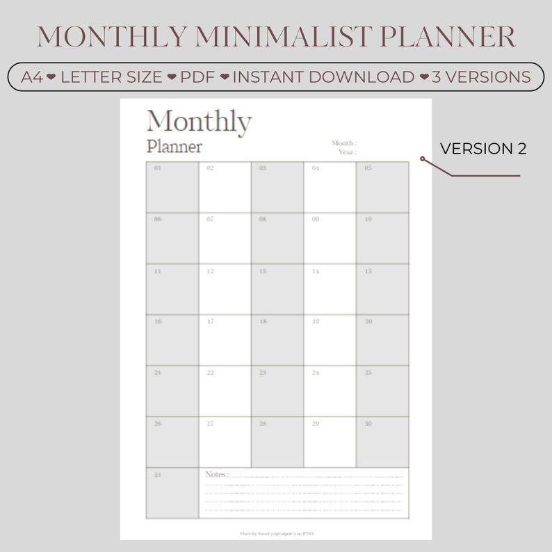 Printable Monthly Planner PDF, A4 Letter Size, Minimalist Organizer ...