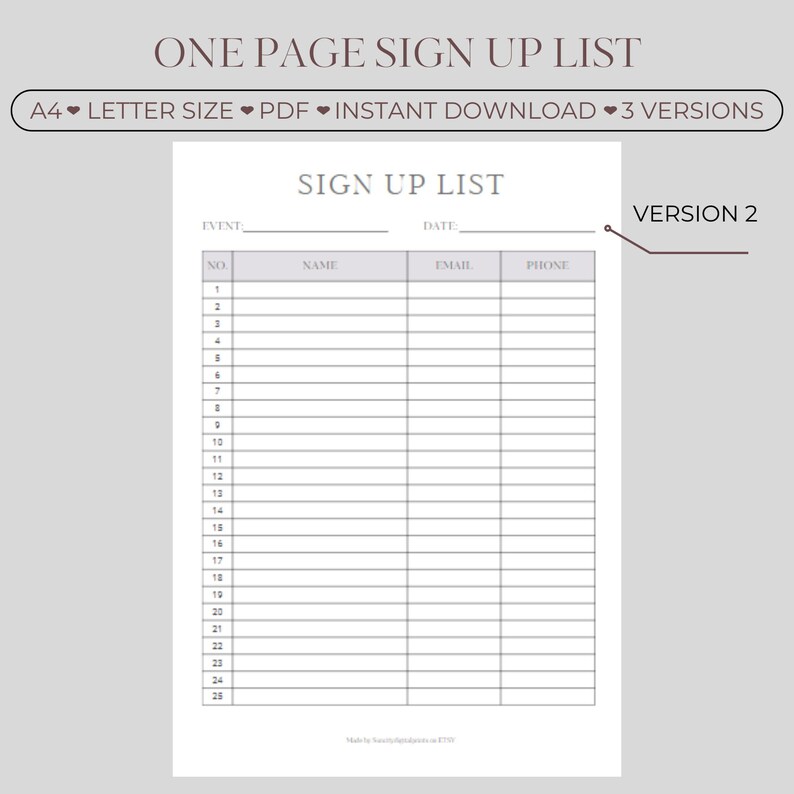 Sign up Sheet PDF, A4 and Letter Size, Printable One Page, 3 Versions ...