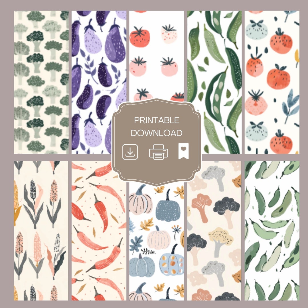 10 Digital Download Vegetable Bookmarks Set, Seasonal Vegetables, DIY ...
