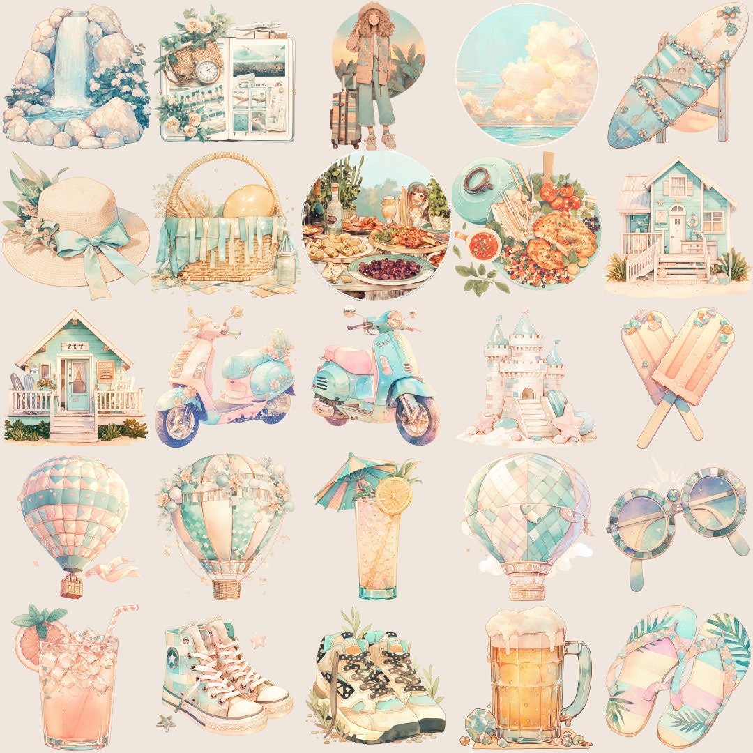 Summer Travel Clipart Bundle PNG World Travel Pastel Watercolor Summer ...