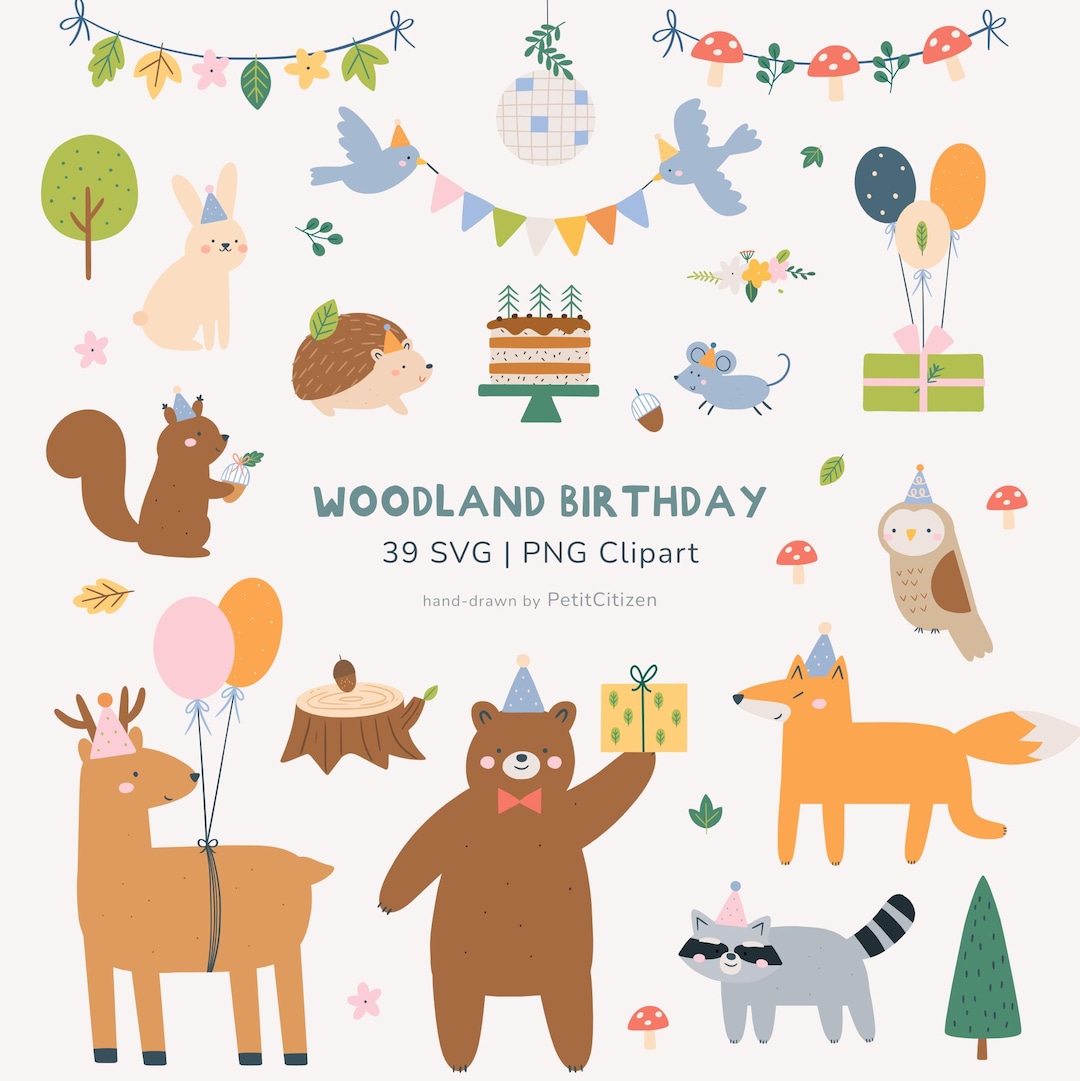 Woodland Birthday Clipart – Boho Forest Animals SVG, PNG (digital ...
