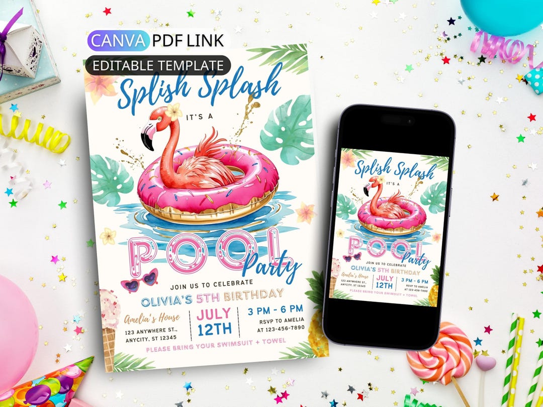Pink Pool Party Invitation Flamingo Pool Birthday Party Invite Girl ...