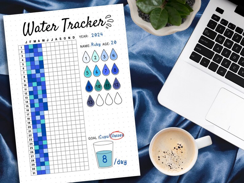 Water Tracker Yearly Printable Health Habit Tracker Hydration Drinking ...