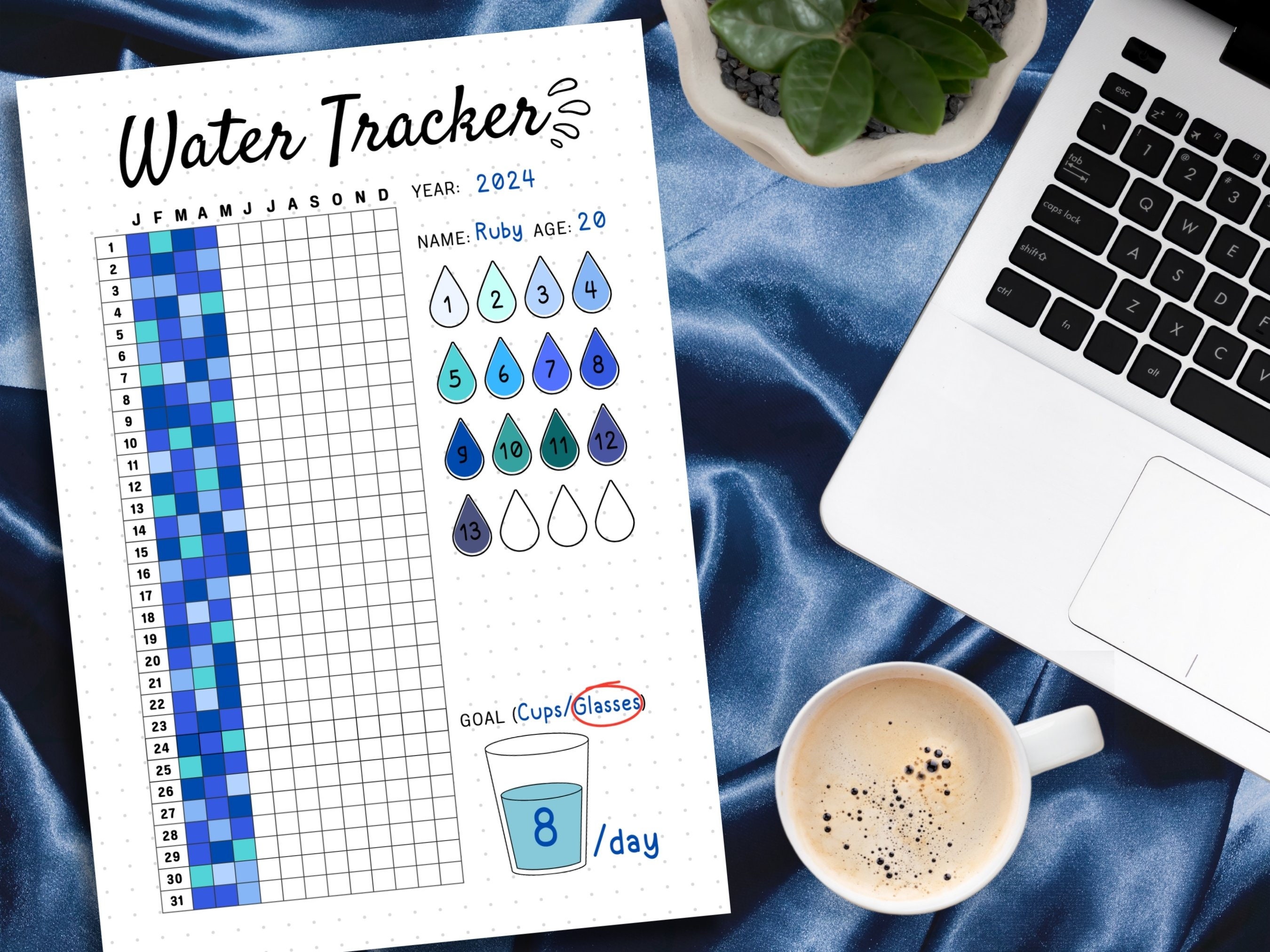 Water Tracker Yearly Printable Health Habit Tracker Hydration Drinking ...