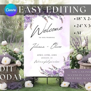 Lavender Floral Wedding Welcome Sign Template Purple Wedding Welcome ...