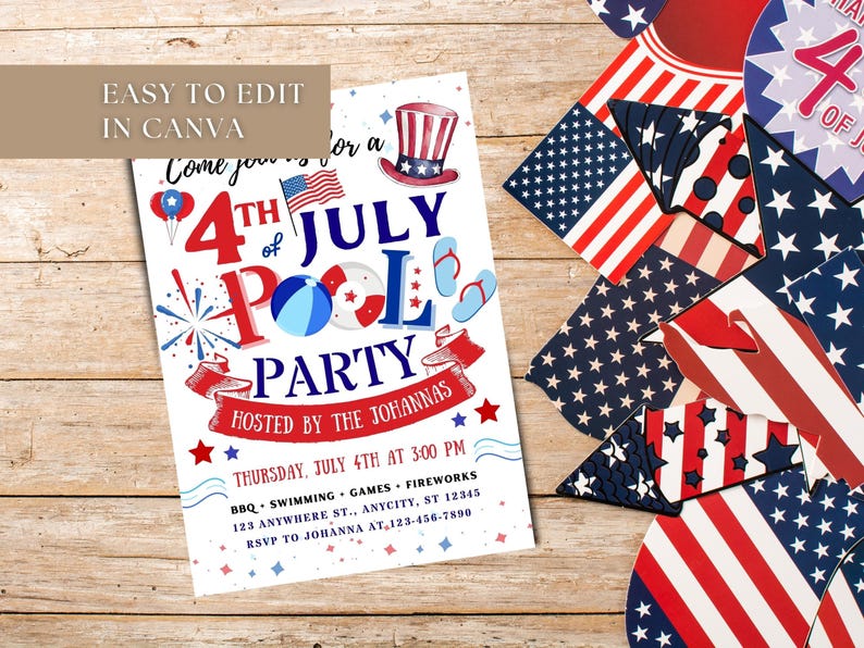 4th of July Pool Party Invitation Template Canva Editable Fourth of ...