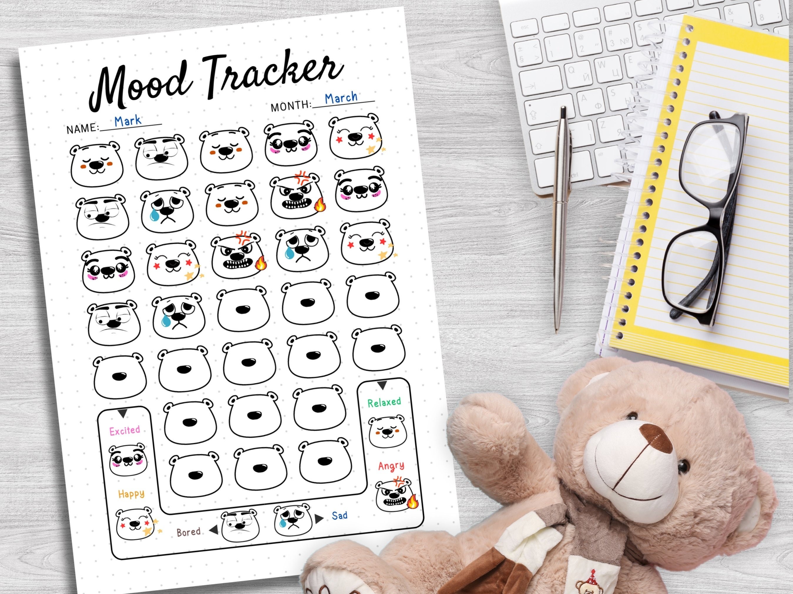 Digital Bear Mood Tracker Printable Cute Animal Face Emotion Journal ...