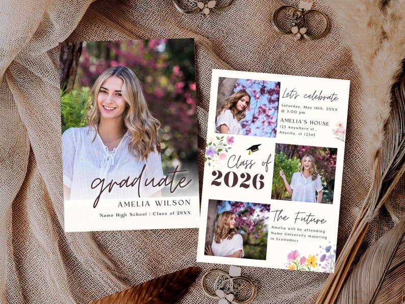 Floral Graduation Party Invitation: Modern Graduation Announcement Card ...