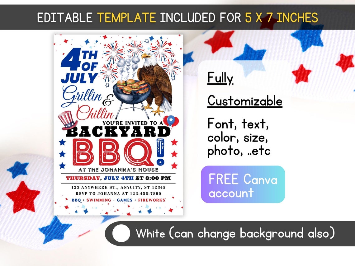 4th of July BBQ Party Invitation Template Canva Editable Fourth of July ...