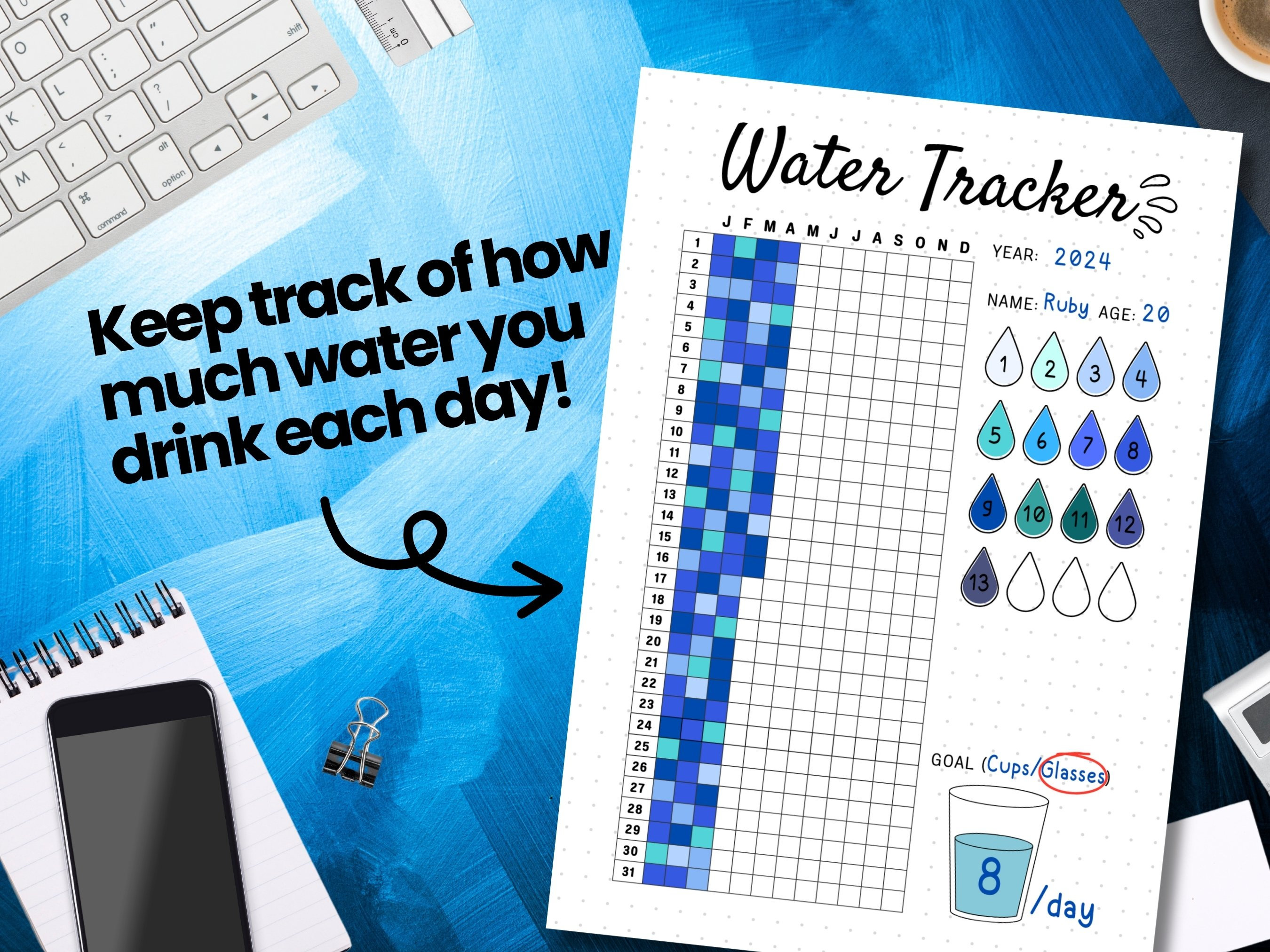 Water Tracker Yearly Printable Health Habit Tracker Hydration Drinking ...