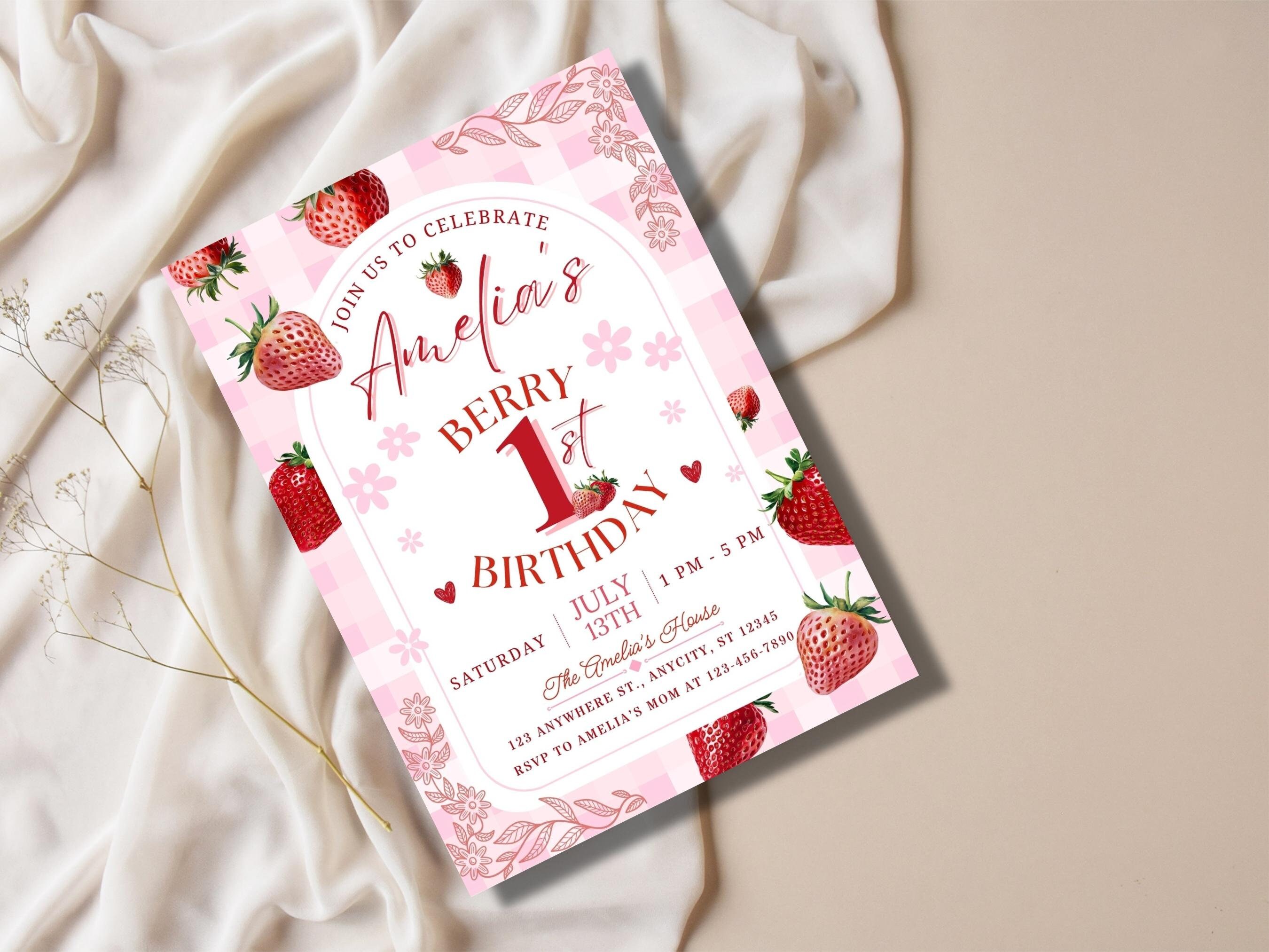 Editable Berry First Birthday Invitation Template Canva Pink Gingham ...
