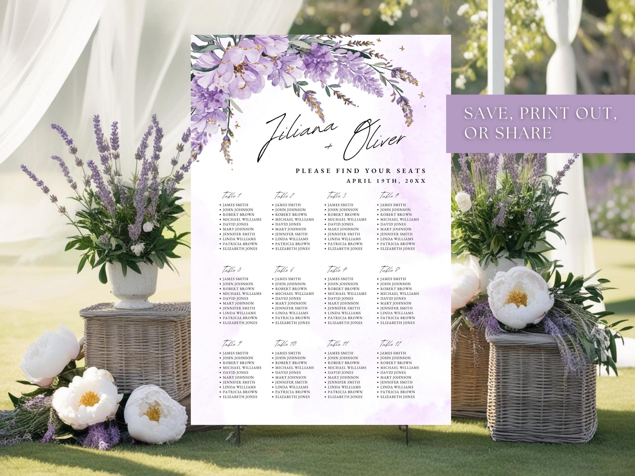 Lavender Floral Wedding Seating Chart Sign Template Purple Wedding ...