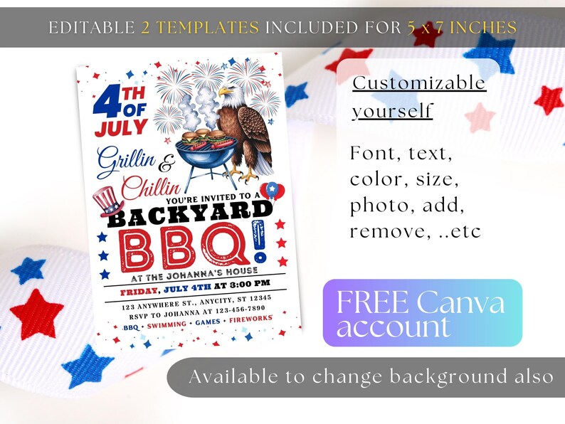 4th of July BBQ Party Invitation Template Canva Editable Fourth of July ...