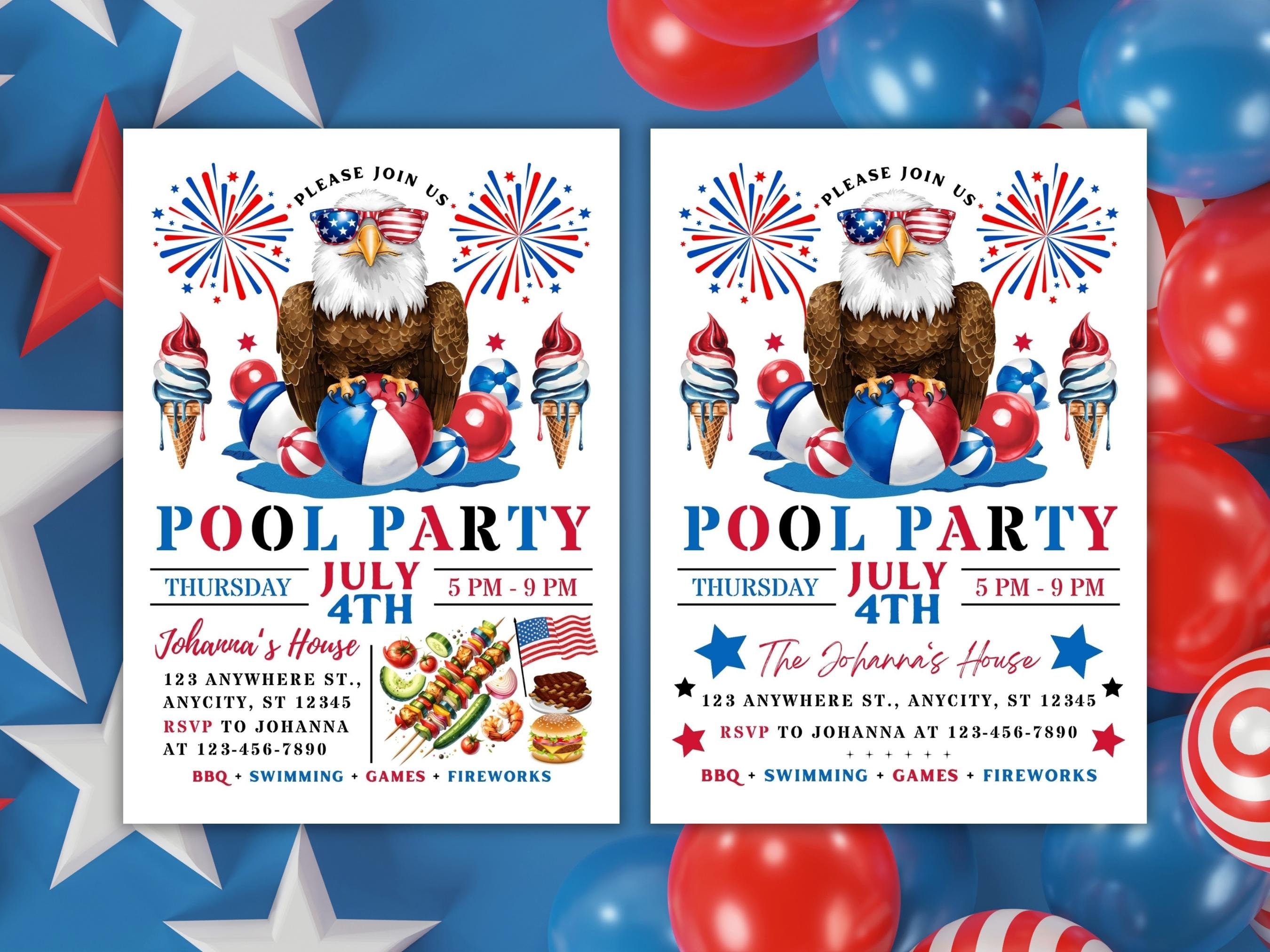 4th of July Pool Party Invitation Editable Canva Template Invitation ...