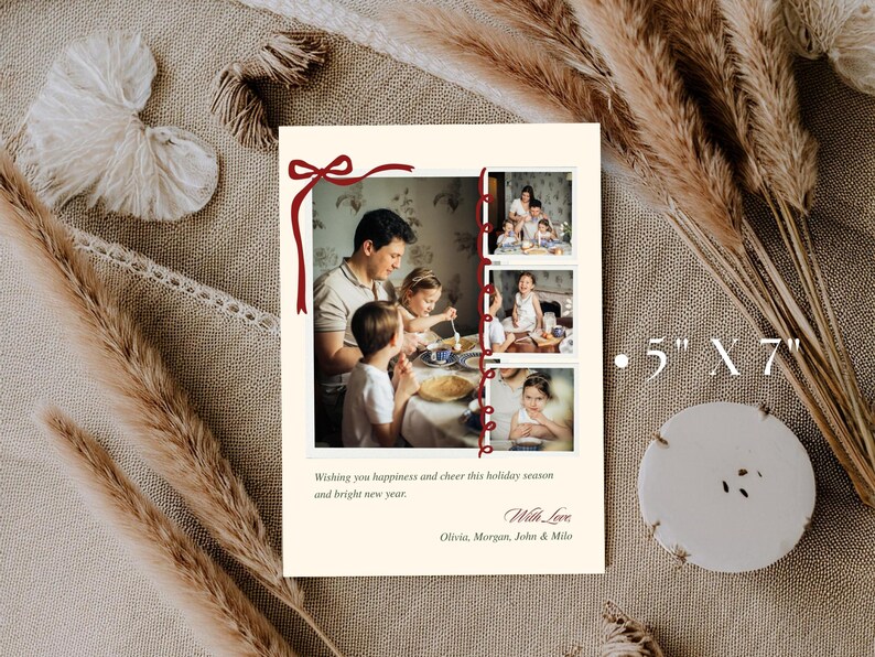 Elegant Bow Christmas Photo Collage Card Template: Preppy Holiday ...