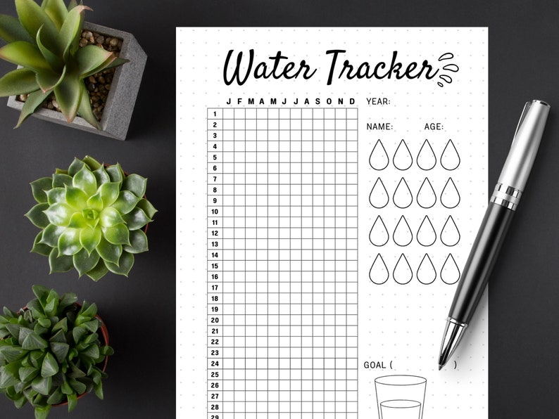 Water Tracker Yearly Printable Health Habit Tracker Hydration Drinking ...
