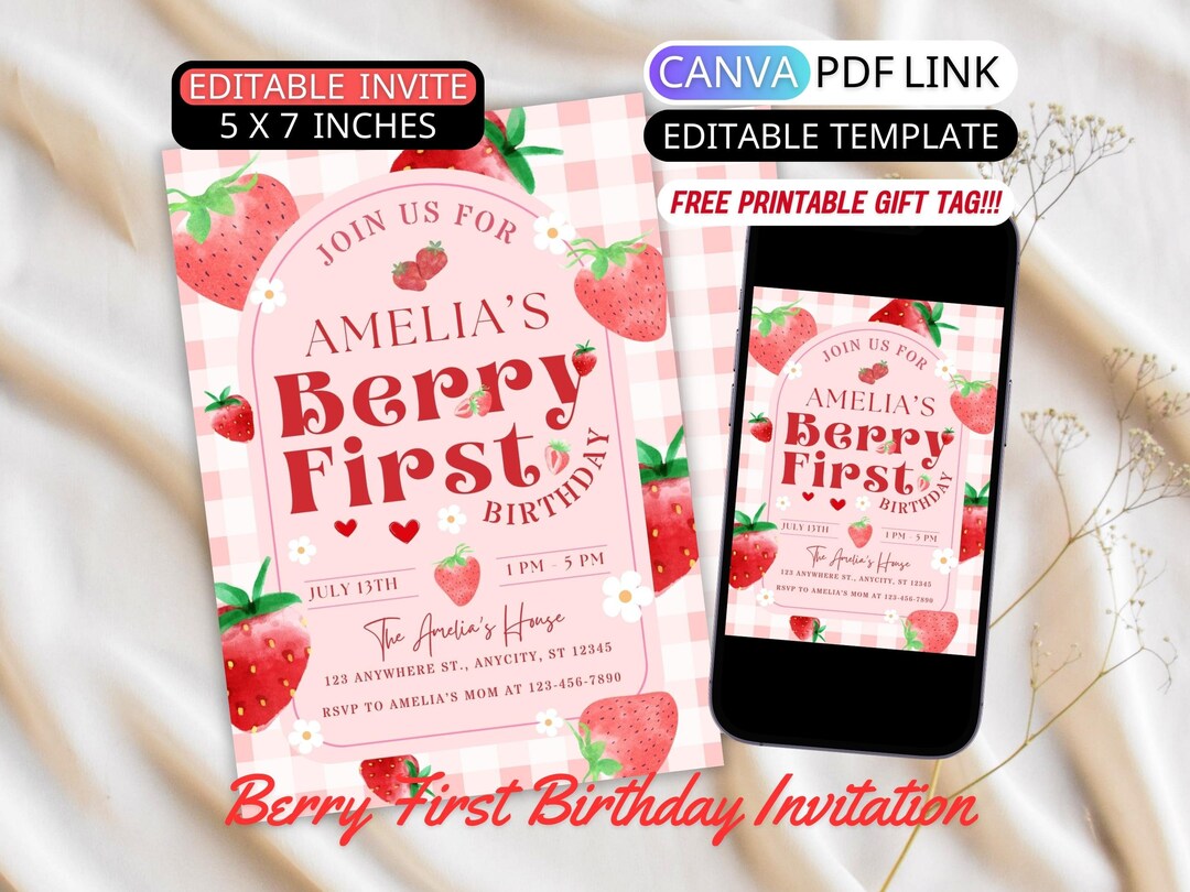 Berry First Birthday Invitation Template Canva Editable Pink Gingham ...