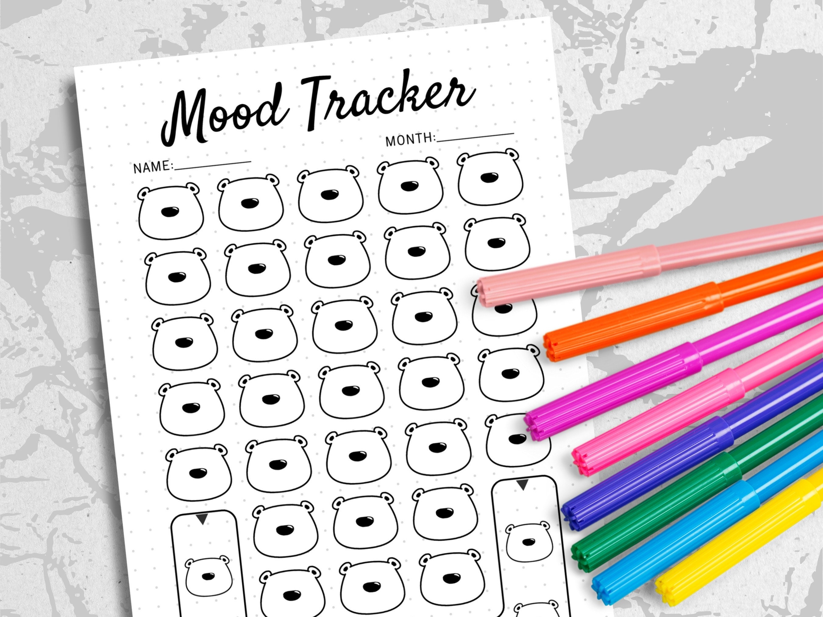 Digital Bear Mood Tracker Printable Cute Animal Face Emotion Journal ...