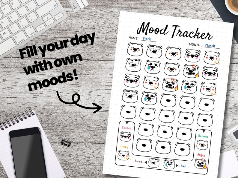 Digital Bear Mood Tracker Printable Cute Animal Face Emotion Journal ...