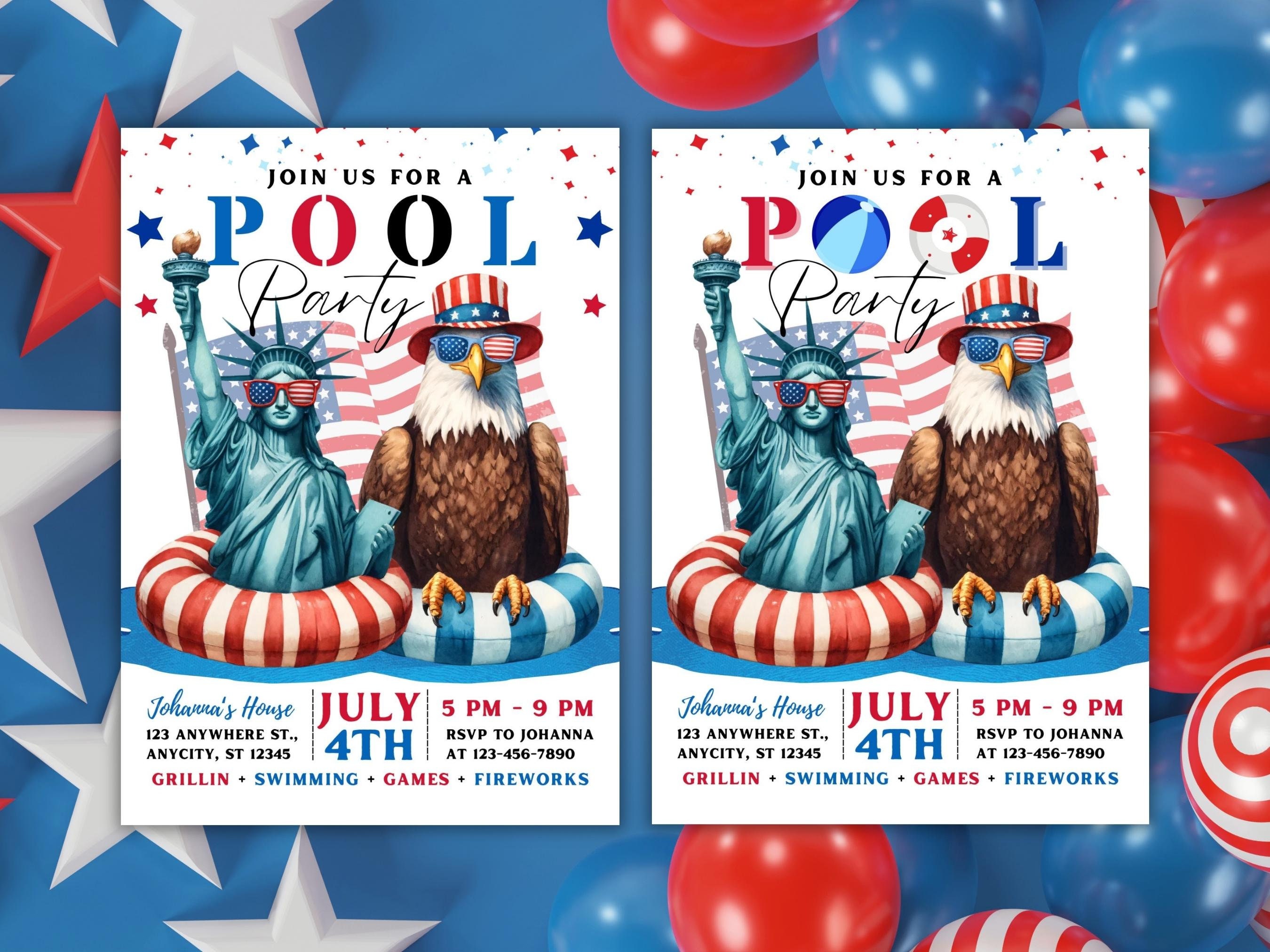 4th of July Pool Party Invitation Editable Canva Template Invitation ...