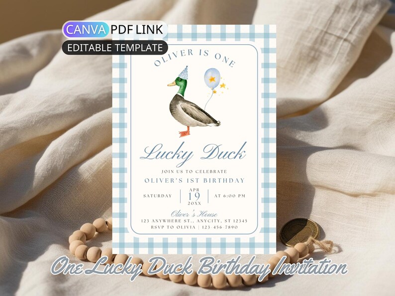 One Lucky Duck Birthday Party Invitation Template Boy First Birthday ...
