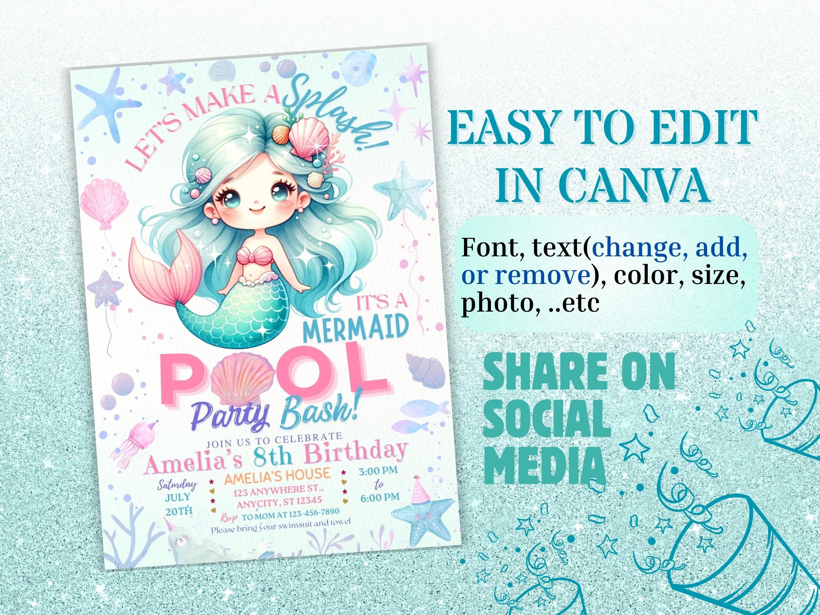Mermaid Pool Party Birthday Invite Editable Mermaid Birthday Invitation ...